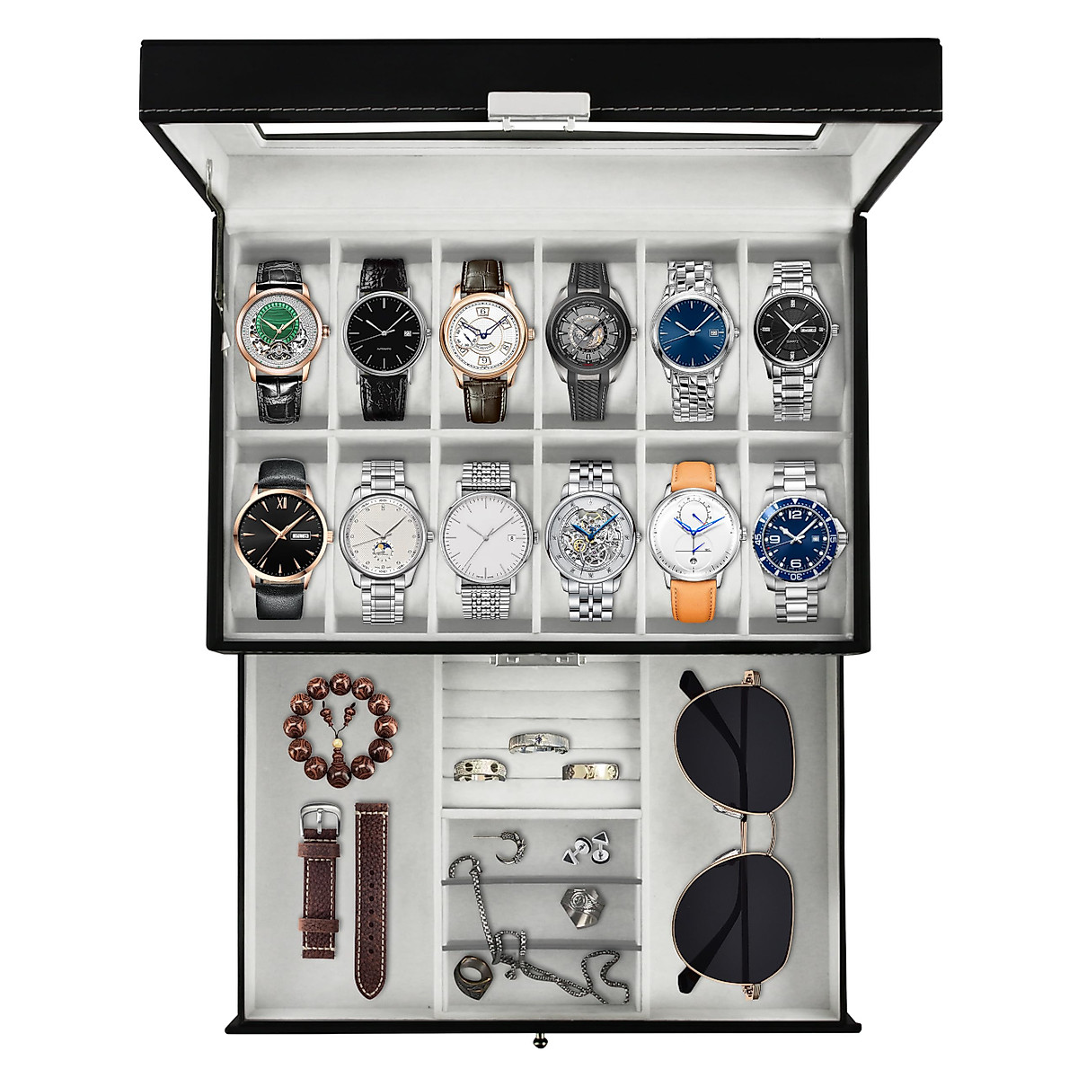 Ogrmar 12 Slot PU Leather Lockable Watch Storage Boxes, Men & Women Jewelry Display Drawer Case, 2-Tier Organizer Watch Showcase with Glass Lid