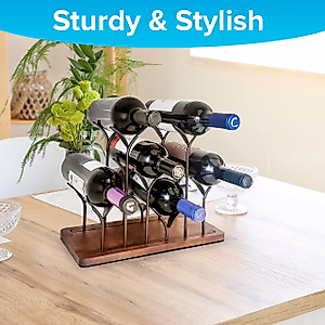 Kovot Tabletop Bottle Rack, 6 Wine Bottle Holder, Dark Brown Wood Base with Black Iron Branches, Countertop Home Decor Kitchen Storage Rack, Bar, Cellar, Cabinet, Pantry