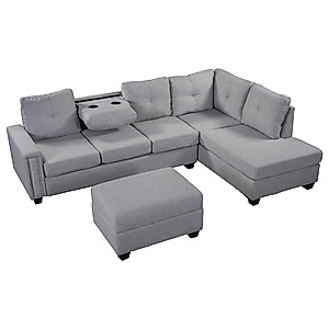 Favfurish 108 * 72.4" Reversible Sectional Sofa,with Storage Bench,L-Shaped Convertible Modular Couch,Rivet Ornament Backrest for Large Space,Dormitories,Living Rooms,Apartments,Light Gery
