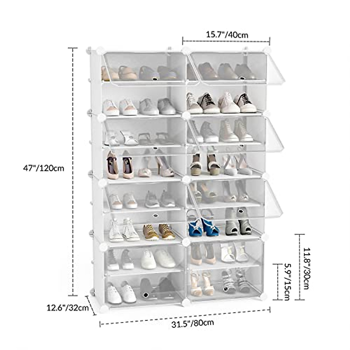 UNZIPE Shoe Rack, 8 Cube 16-Tier Shoe Storage Cabinet 32 Pairs Plastic Freestanding Shoe Organizer DIY Shoe Shelves for Entryway Hallway Closet or Bedroom, White