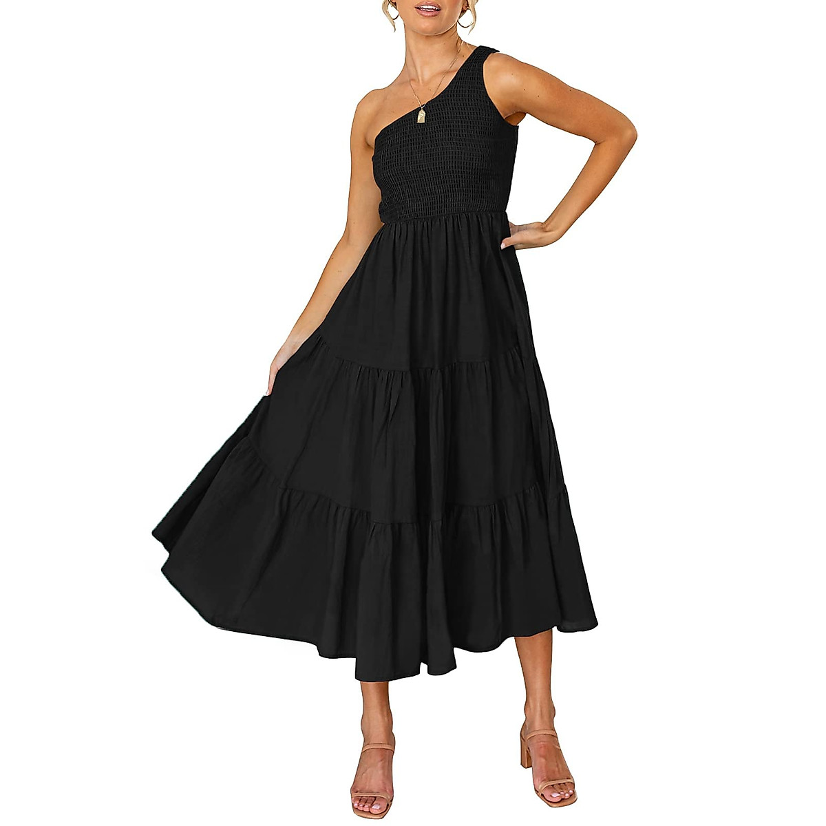 ZESICA Women's 2025 Bohemian Summer Floral Print One Shoulder Sleeveless Smocked Ruffle Tiered Beach Long Midi Dress,Black,Medium