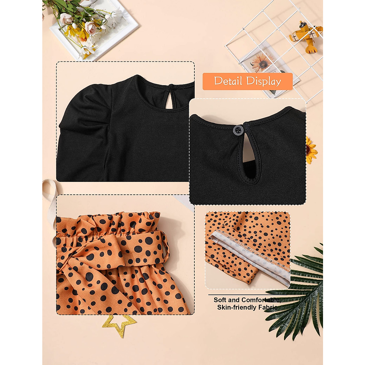 MIGU Toddler Girl Clothes 4T-5T Girls Fashion Clothes Black Round Neck Puff Sleeves Knitted Shirt Long Sleeve Top Leopard Print Spotted Pants Headband 3Pcs Girls Gifts Set