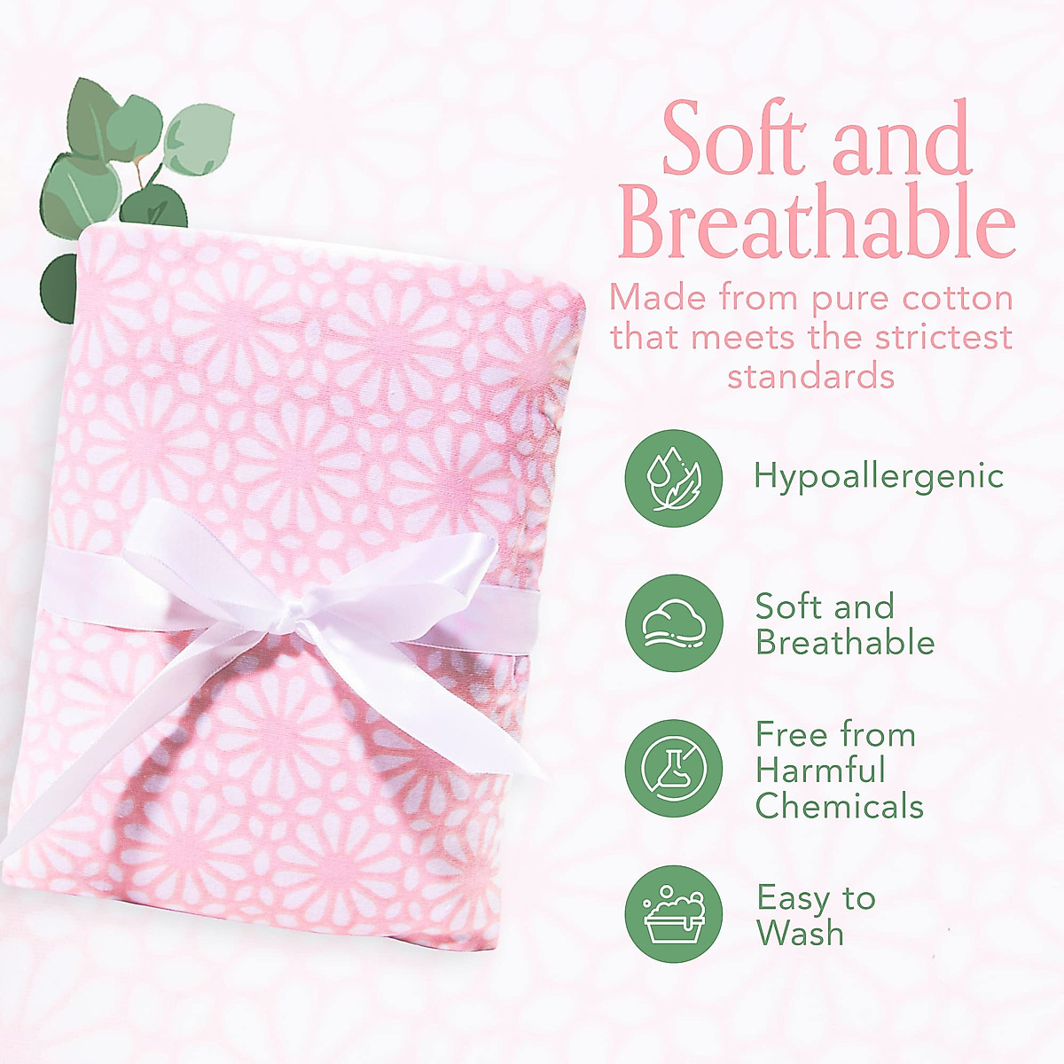 World Kind Brand - Floral Baby and Toddler Bed Sheets, Soft and Breathable Baby Sheets, Pure Cotton-Made Baby Girl Crib Sheets, Pink and White Crib Sheet with Elastic, 52 x 28 x 9 inches