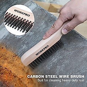 WORKPRO Wire Brush Set, 4Pcs Brass/Stainless/Carbon Steel Bristles Wire Scratch Brushes with Long Curved Beechwood Handle for Rust, Dirt & Paint Scrubbing with Deep Cleaning