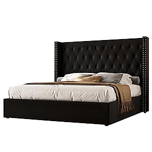 PaPaJet Lift Up Storage Bed Queen Size Upholstered Platform Bed Frame Button Tufted Wingback Headboard Hydraulic Lifting Storage Underneath/Wood Slats Support/Easy Assembly/Black