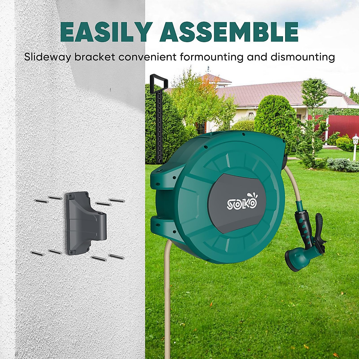 Retractable Garden Hose Reel -1/2 in x 100 ft Wall Mounted Water Hose Reel Outdoor Organizer for Garden Watering, Include Sprayer & 9 Pattern Nozzle, Auto Rewind/Any Length Lock/ 180°Swivel Bracket