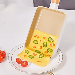 BEIJIALY Japanese Omelette Pan, Japanese Breakfast Pan, Rectangular Shaped Ceramic Coating Non Stick Pancake Egg Roll Frying Pan with Wood Handle
