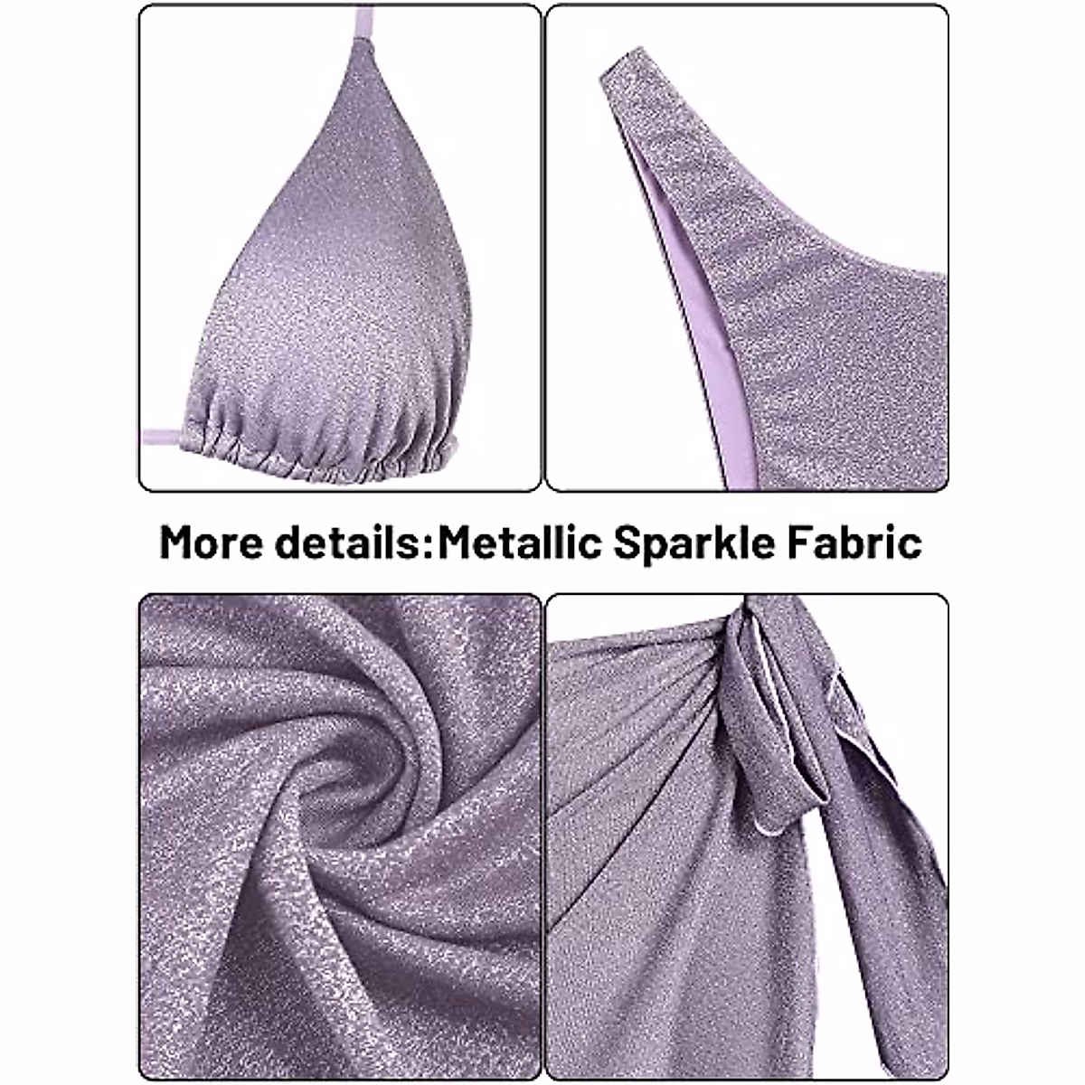 ZAFUL Sexy 3 Piece Bikini Set for Women String Tie Triangle Thong Sparkly Metallic Shiny Swimsuit with Cover Up Skirt (Purple,S)