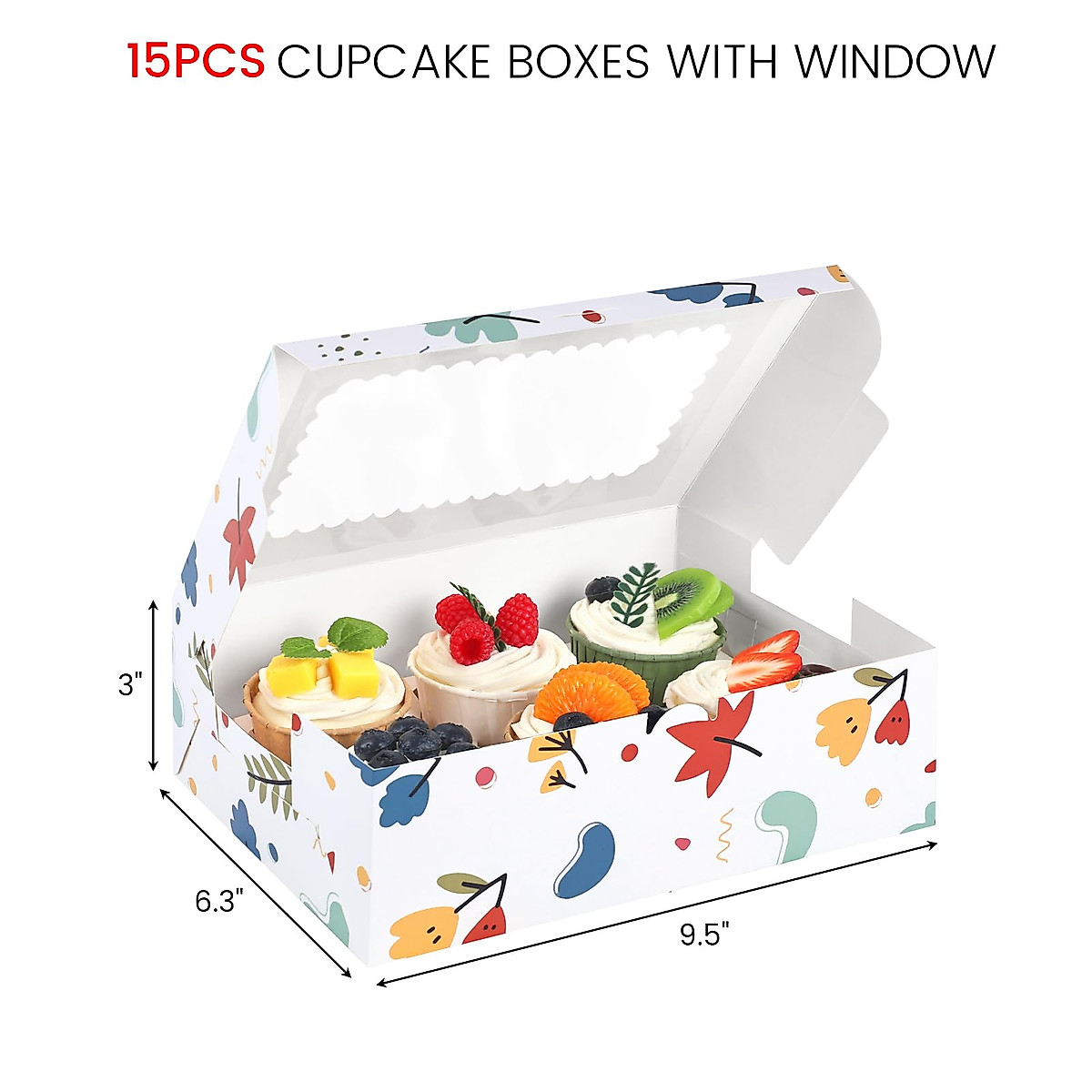 JOHOUSE 6 Count Cupcake Boxes, 6 Sets Cupcake Container with Windows and Inserts Bakery Boxes for Cupcakes Muffins Cookies 9.5" x 6.3" x 3"
