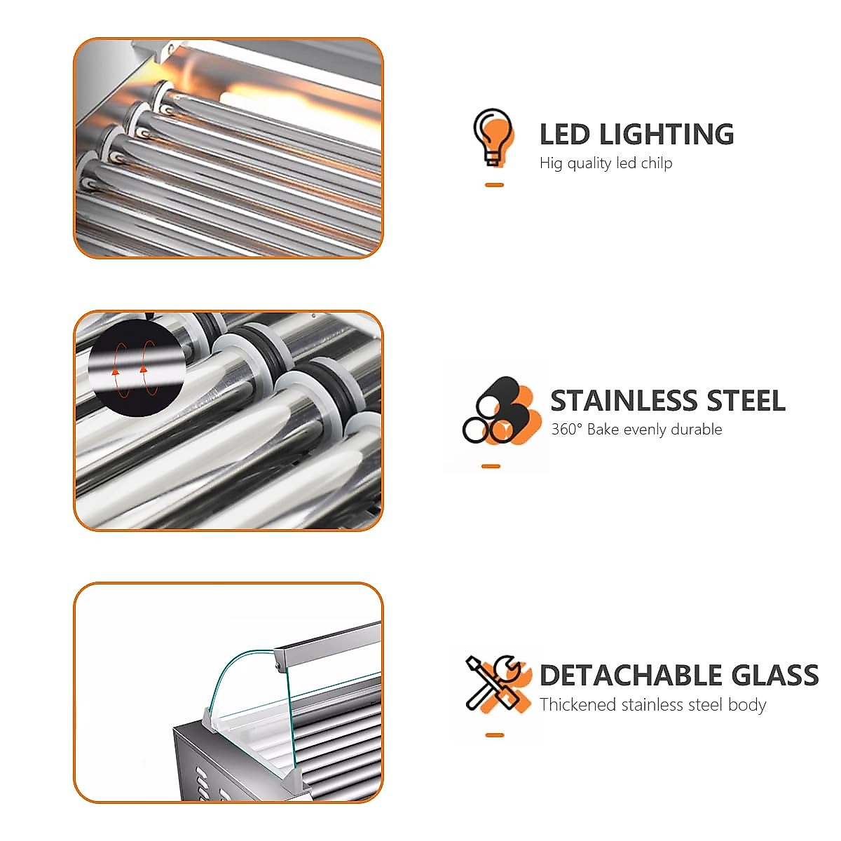 1670W Hot Dog Roller Machine/Sausage Grill with Dust Cover,Stainless Steel 11 Rollers 30 Hot Dog Roller Grill Cooker Machine with Dual Temp Control and LED Light/Detachable Drip Tray