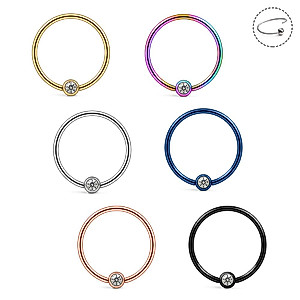 Ruifan 22G 8mm Clear CZ Jeweled Nose Hoop Lip Eyebrow Tongue Helix Tragus Cartilage Septum Piercing Ring 6PCS - Mix Color 1#