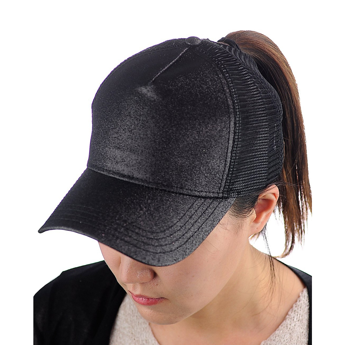 C.C Ponycap Messy High Bun Ponytail Adjustable Glitter Mesh Trucker Baseball Cap, Black