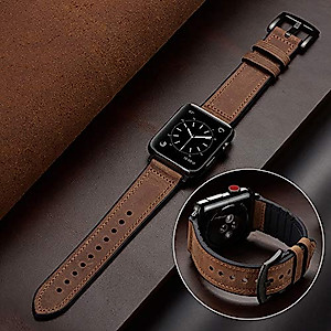 OUHENG Compatible with Apple Watch Band 49mm 45mm 44mm 42mm, Sweatproof Genuine Leather and Rubber Hybrid Band Strap for iWatch Ultra Series 8 7 6 5 4 3 2 1 SE2 SE, Brown Band with Black Adapter