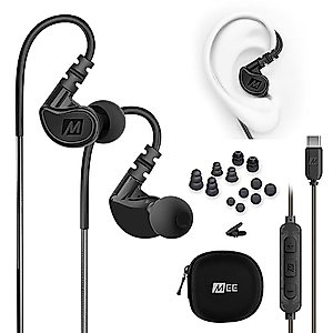 MEE audio M6 Sport USB-C Wired Earbuds with Memory Wire Earhooks, Headset with Mic & 3-Button Remote for iPhone 15, iPad, Other USB Type C Devices; in Ear Headphones for Running/Gym/Workouts, Black