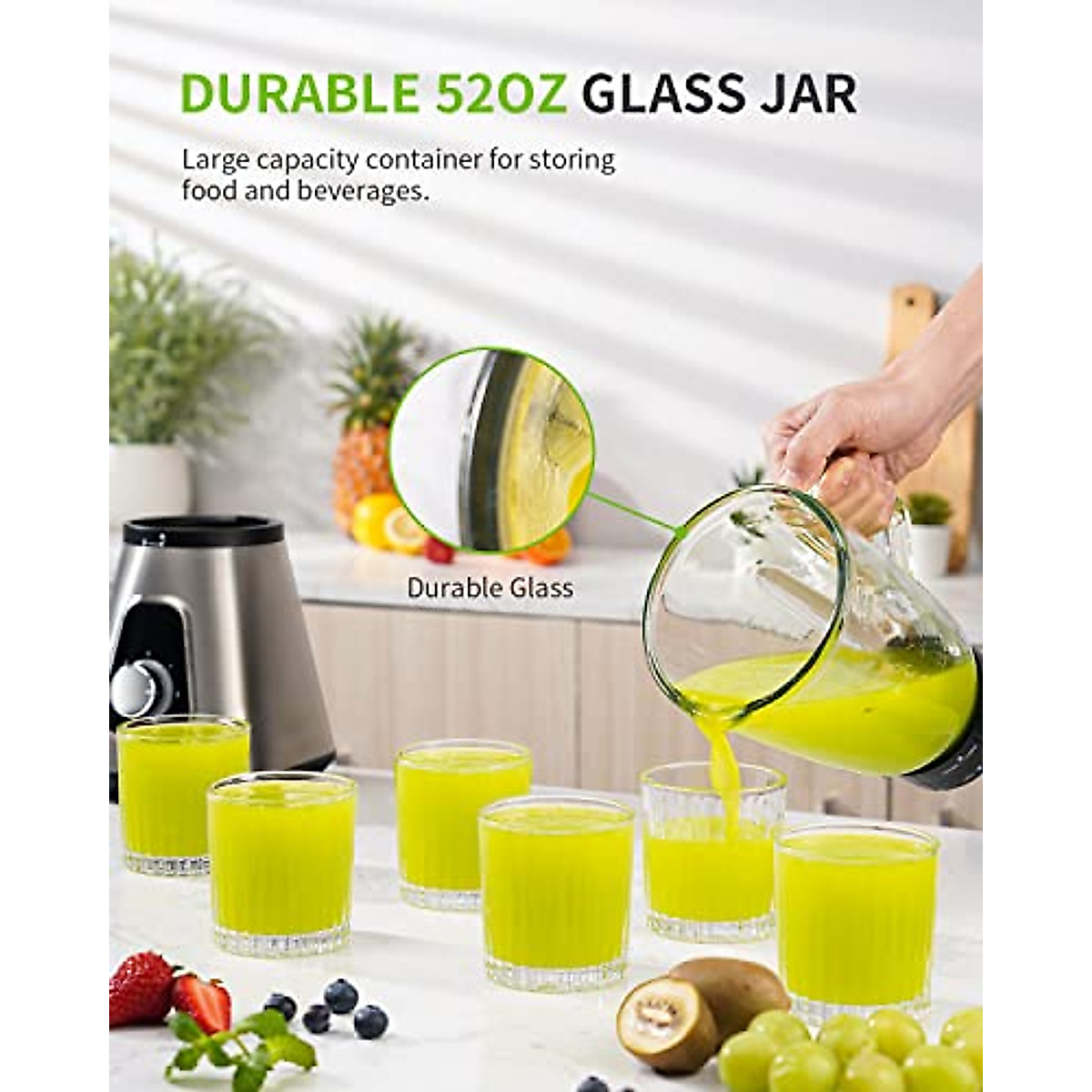 Blender for Shake and Smoothies, SHARDOR Powerful 1200W Countertop Blender for Kitchen, 52oz Glass Jar, 3 Adjustable Speed Control for Frozen Fruit Drinks, Smoothies, Sauces & More, Sliver