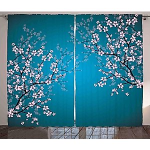 Ambesonne Japanese Curtains, Spring Season Sakura Flower Bloom Design Marine Toned Ombre Background, Living Room Bedroom Window Drapes 2 Panel Set, 108" X 90", Blue Pink
