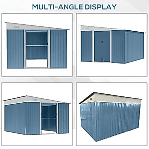 Outsunny 11' x 9' Steel Garden Storage Shed Outdoor Metal Lean to Tool House with Double Sliding Lockable Doors & 2 Air Vents, Blue