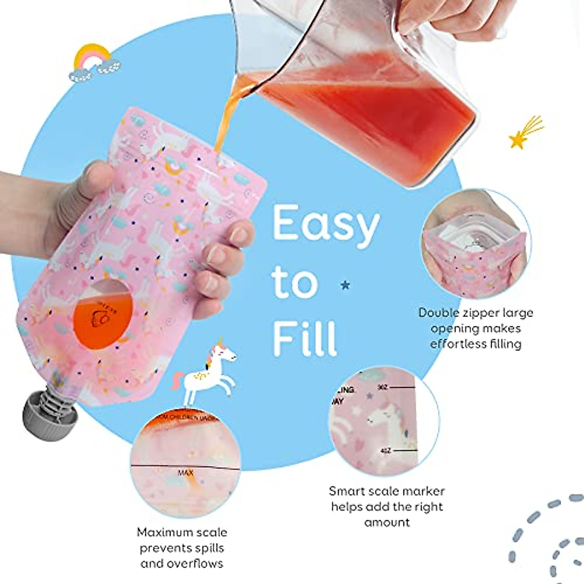 BUZIO Reusable Food Pouches, 12 Packs 5oz Toddlers Food Storage Pouch, Double Zipper Squeeze Pouches Freezer Safe for Kids DIY Homemade Organic Puree