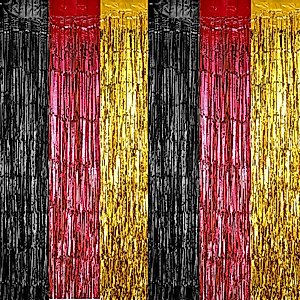 Peryiter 6 Pcs Metallic Tinsel Foil Fringe Curtains 3.3 x 6.6 ft Backdrop Props for Halloween Birthday Anniversary Bridal Shower Baby Shower Holiday Party Decorations(Black, Red, Gold)