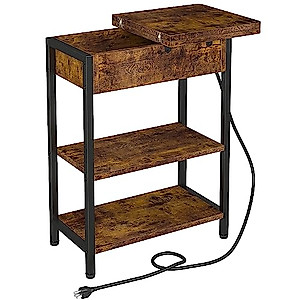 Yusong Narrow End Table with Charging Station, Slim Couch Side Table with USB Ports & Outlets, Flip-top Nightstand Bedside Table with 3 Shelves for Small Space in Living Room Bedroom,Brown