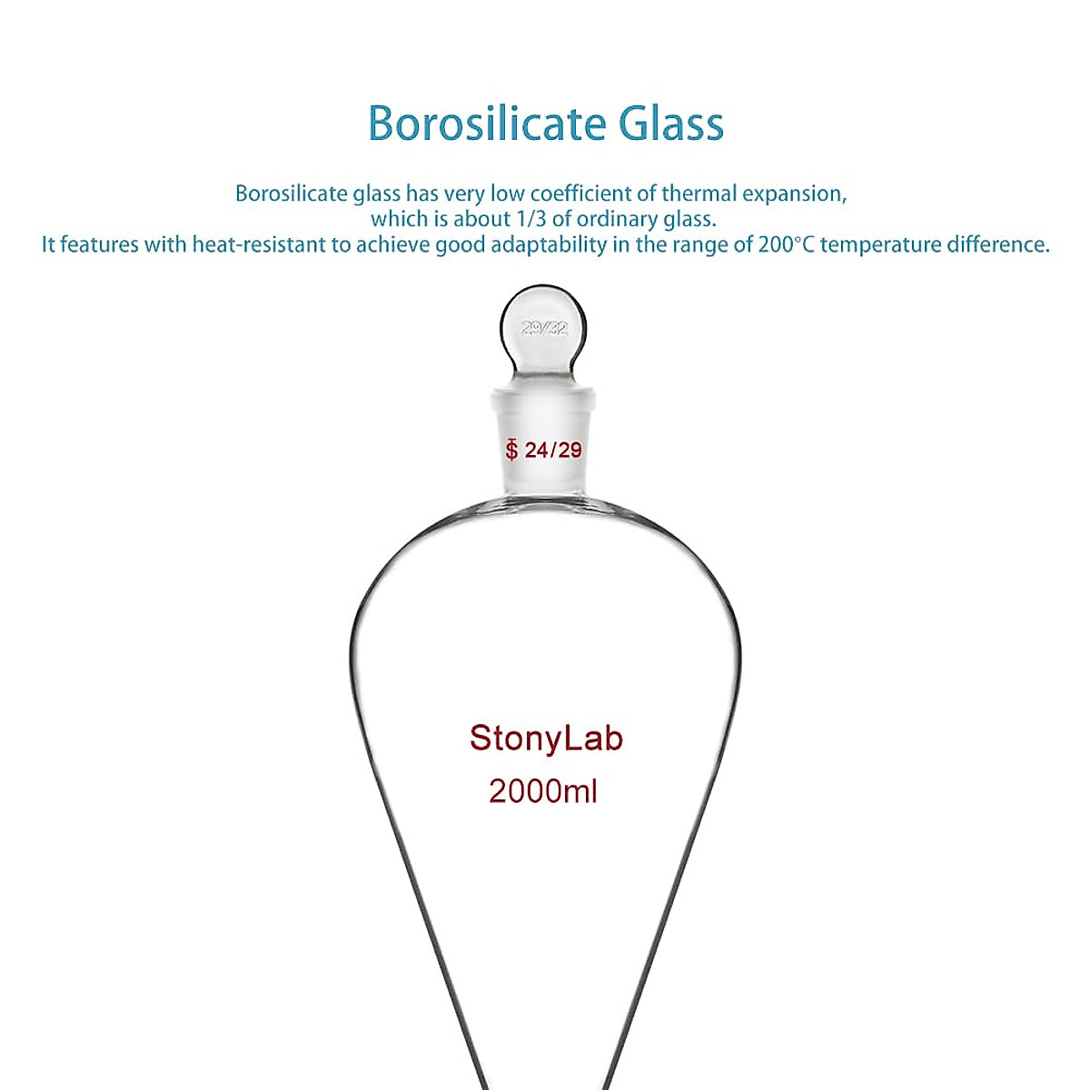 StonyLab PTFE Stopcock Separatory Funnel 2L, Borosilicate Glass Heavy Wall Conical Pear-Shaped Separatory Funnel Separation Funnel with 24/29 Joint