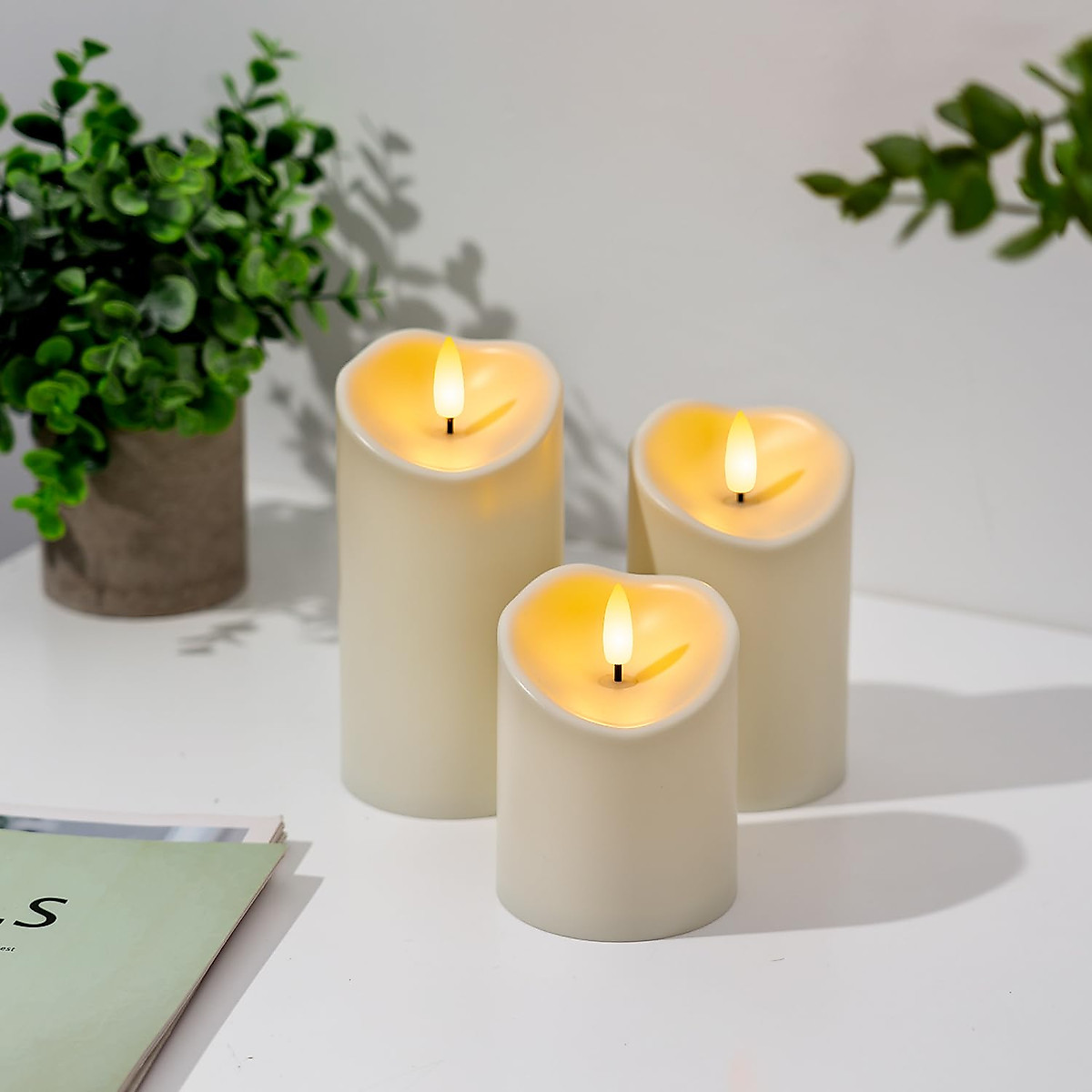 Amagic Flickering Flameless Candles, Waterproof Outdoor Indoor Battery Operated LED Candles with Remote Timers, Won't Melt, Ivory Plastic, D3 x H4 5" 6", Set of 3