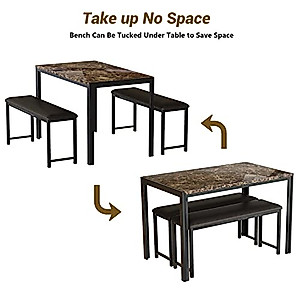 Hooseng 3 Pieces Dining Room Table Set, Modern Faux Marble Kitchen Table Set with 2 PU Leather Upholstered Benches, Ideal for Home, Apartment, Breakfast Nook, Small Space, Brown