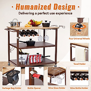 kognita Pizza Oven Table 35.5" Outdoor Grill Table with 4 Wheels, Rubberwood Outdoor Bar Cart Dining Prep Table with Wine and Glasses Rack,Garbage Bag Holder,Bottle Opener and Gas Tank Hook