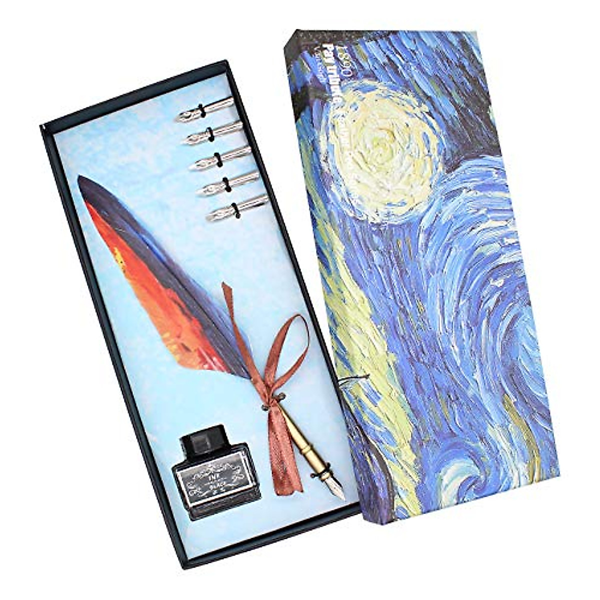 Ranvi Feather Quill Pen Set, Antique Calligraphy Pen Set (with 5 Replacement Nibs), 1 Ink and 1 Gift Box(Starry Sky)