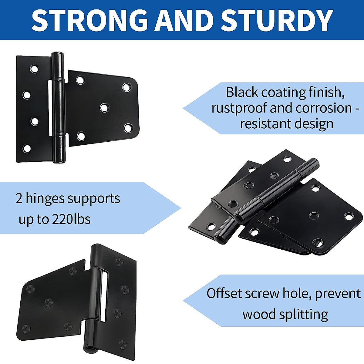 TamBee Black Gate Hinges Shed Hinges Heavy Duty Gate Hinges for Wooden Fences Barn Door Hinges for Wood Outdoor 3.5inch with Screws (Pack of 4)