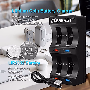 CT-ENERGY Lithium Coin Button Battery Charger with Rechargeable 2032 Batteries 4 Pack 3.6V Lir2032 Replace CR2032 Battery Tag