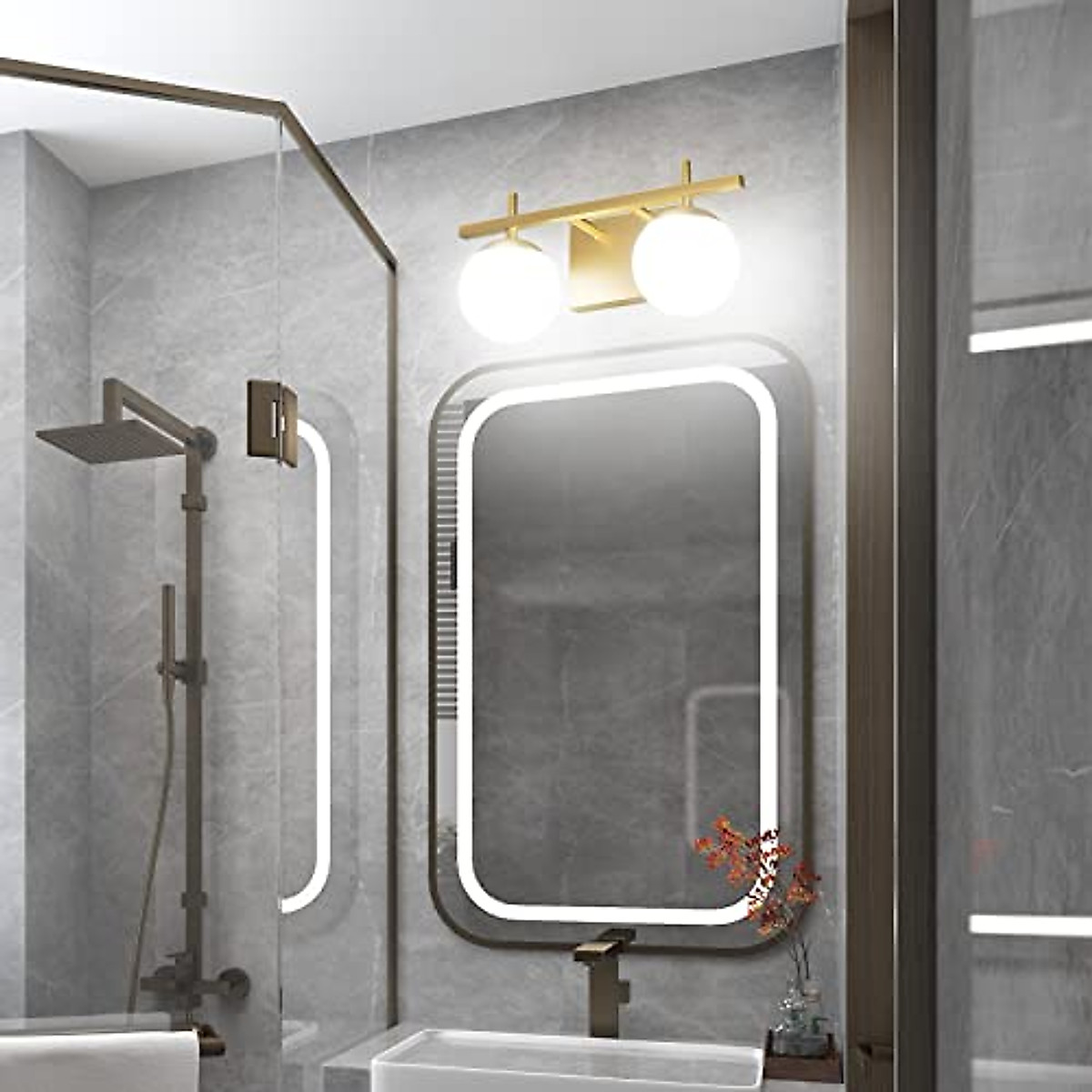 Ralbay Mid Century Modern Gold Vanity Light 2-Light Mid Century Modern Bathroom Light Fixture Gold Milky Glass Ball Bathroom Wall Light Fixtures