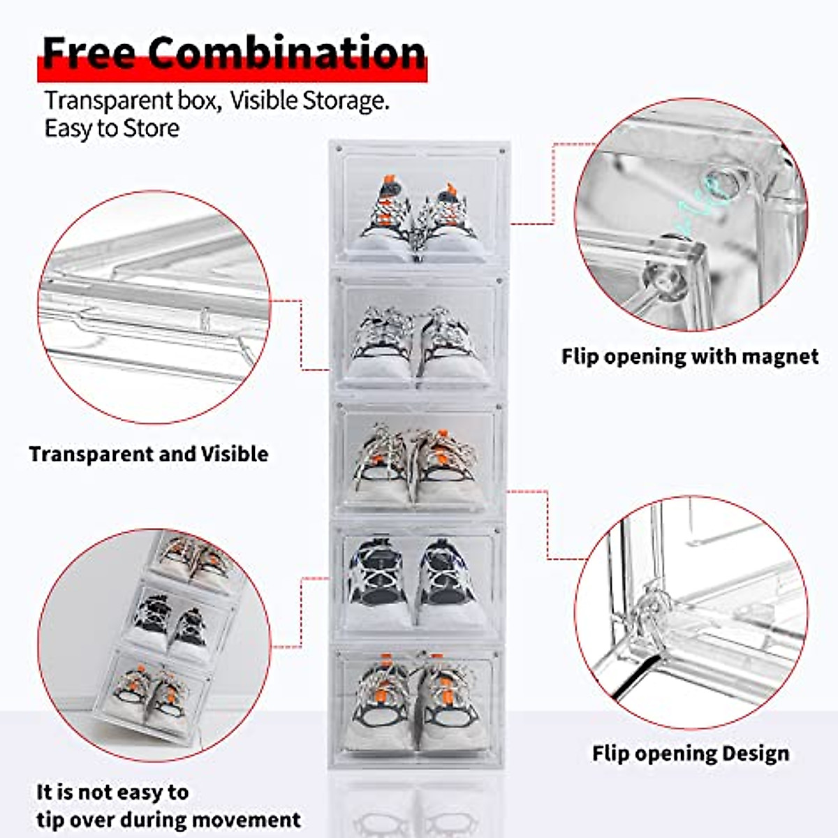 Kenyatta Shoe Storage,6 Pack Shoe Boxes Clear Plastic Stackable,Shoe Organize,(Black) For Sneaker Display,Easy Assembly,Fit up to US Size 12(13.4”x 10.6”x 7.4”), (Clear)