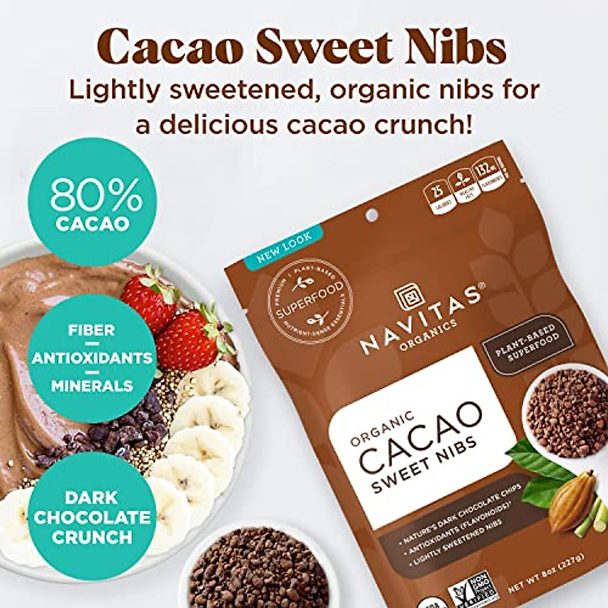 Navitas Organics Cacao Sweet Nibs, 4oz. Bag, 28 Servings — Organic, Non-GMO, Gluten-Free