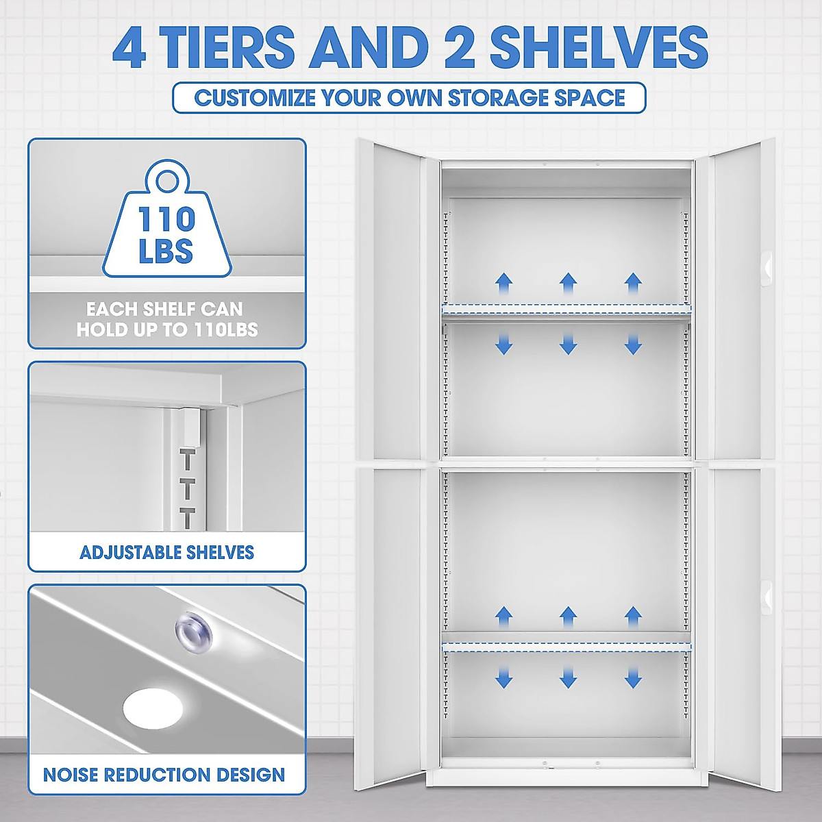 DNA MOTORING Metal Storage Cabinet, 71'' Locking Cabinet with 4 Doors and 2 Adjustable Shelves, Metal Cabinet Heavy Duty Utility Cabinet for Garage,Office,Home,Gym, White, TOOLS-00634-WH-WH