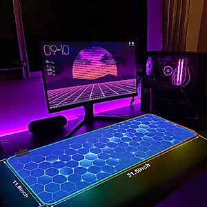 SIMEEGO RGB Gaming Mouse Pad, Led Mouse Pad with 14 Lighting Mods Large Sized Soft mousepad, Waterproof, Low Friction Hard Surface Keyboard Mouse Mat for Gaming and Work -31.5×11.8 (Honeycomb Hexagon)