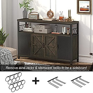 Aubtik Industrial Wine Bar Cabinet for Liquor and Glasses, Rustic Sideboard and Buffet with Wine Rack, Farmhouse Coffee Bar Cabinet with Storage (Walnut Brown)