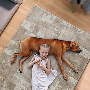 Area Rug Living Room Rugs 8x10 Washable: Indoor Soft Low Shaggy Fluffy Pile Carpet Abstract Decor Large for Bedroom Dining Room Under Kitchen Table Home Office - Beige/Ivory