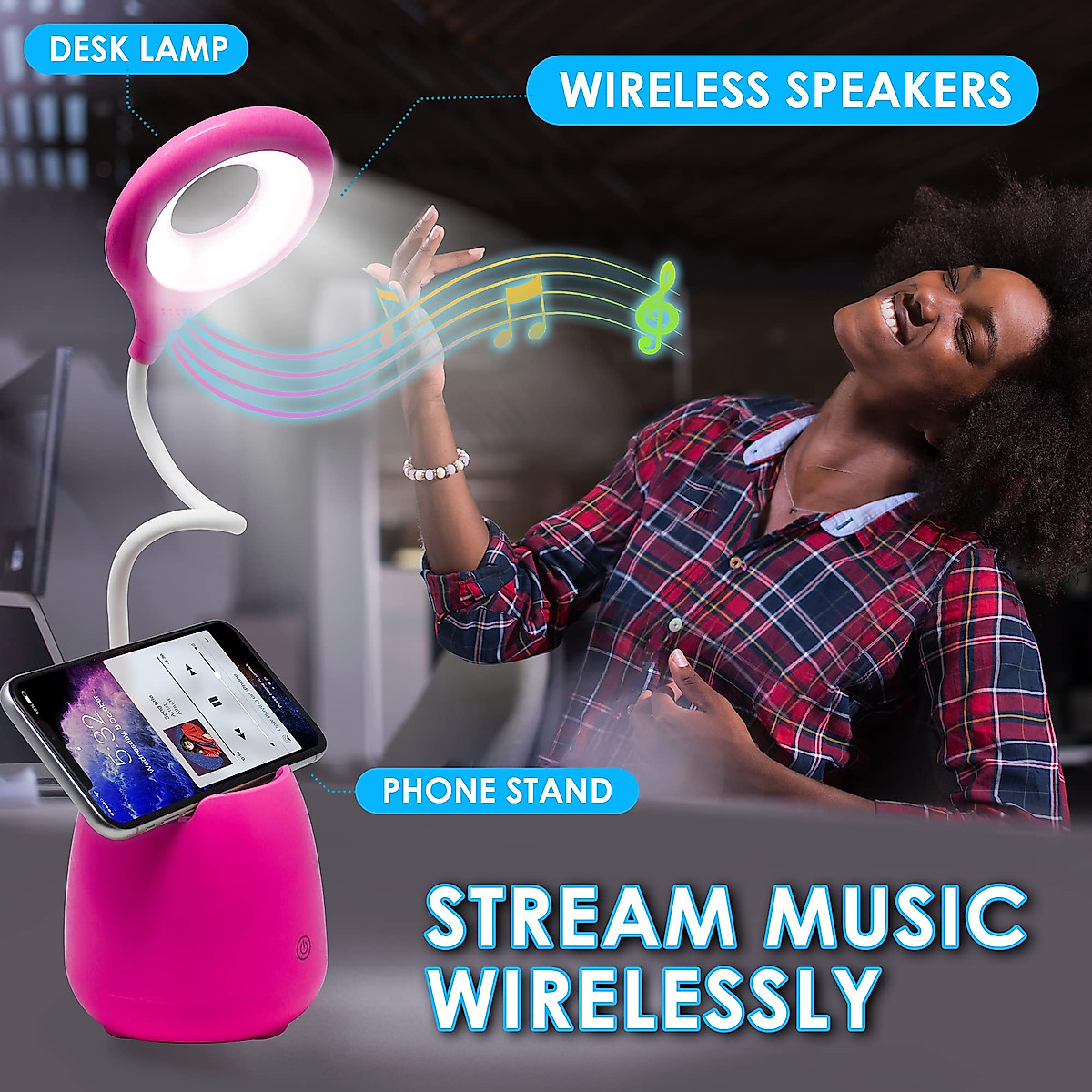 Aduro U-Light Aduro U-Light Desk Lamp Table Light with Wireless Speaker & Phone Stand Desk Organizer, Flexible Gooseneck Table Lamp - Perfect for Home Office Pink