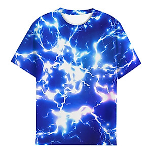 EOWJEED Kids T Shirts for Boys Girls Shirt 3D Blue White Lightning Graphic Printing Classic Crewneck Design Youth Teen Tee 8-10 Years