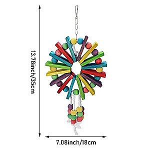 Parrot Hanging Chew Toy Bird Bite Swing with Colorful Wood Beads Bells for Parrot Macaw African Greys Cockatiels Cage Accessories (Colorful Wood Toy)