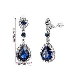 Gorgeous Austrian Crystal Rhinestone Clip on Earring Wedding Bridal Teardrop Drop Dangle Earrings (Clip on Dark Blue)