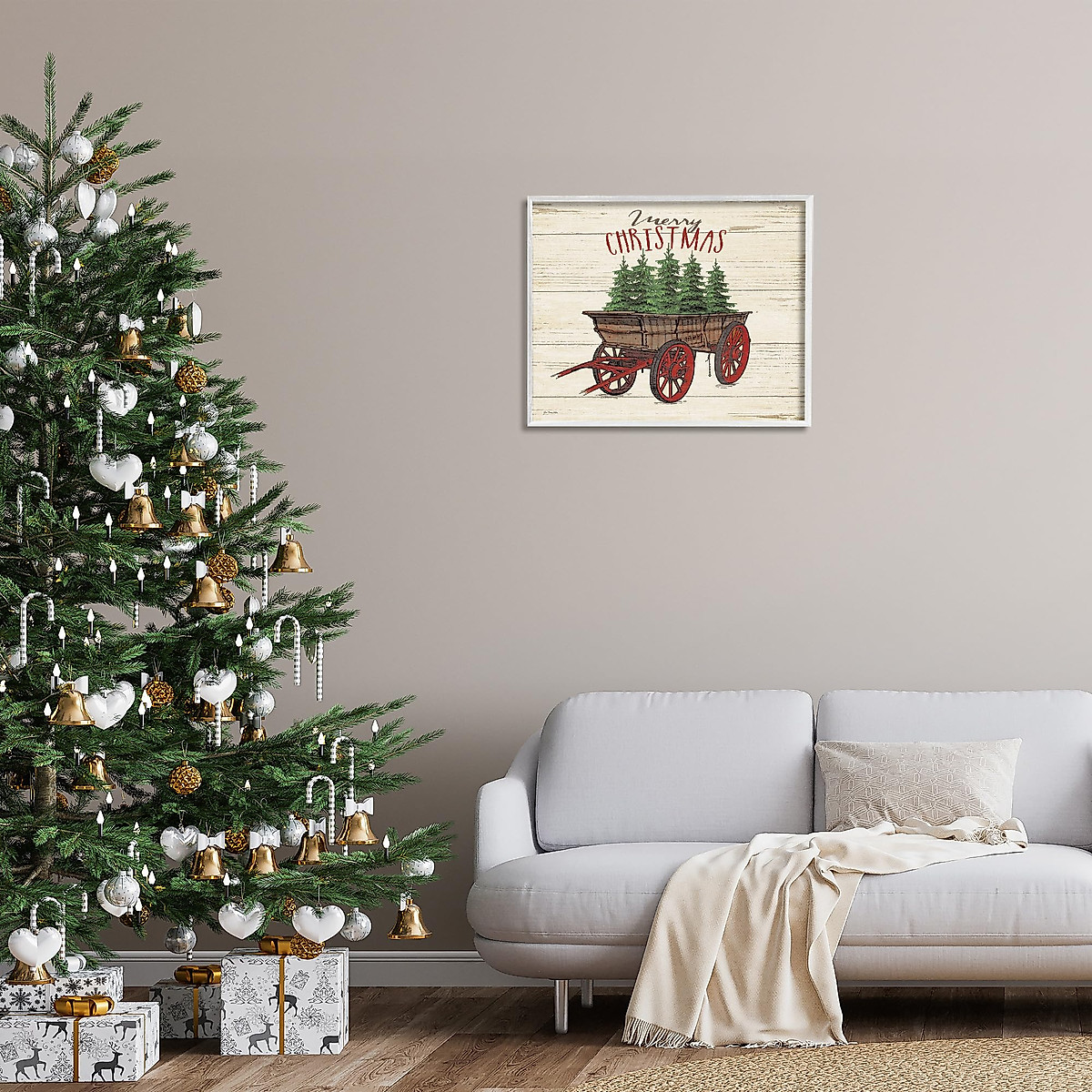 Stupell Industries, Design by Jo Moulton Merry Christmas Tree Wagon, Wall Art, 24x30, White Framed