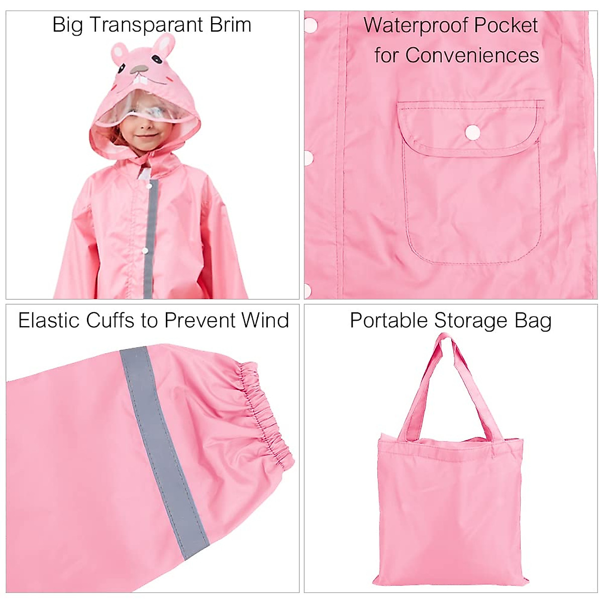 SSAWcasa Kids Rain Wear,3D Cartoon Children Toddler Raincoat Jacket Poncho for Boy Girl (M, Pink)