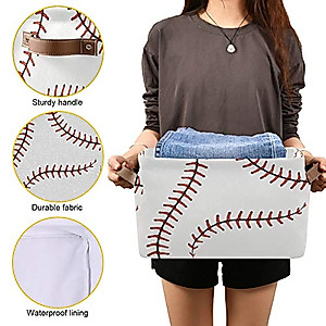 Baseball Stitches Laces Storage Basket Bin Ball Softball Large Fabric Toys Storage Cube Box with Handles Collapsible Closet Shelf Cloth Organizer Basket for Nursery Bedroom
