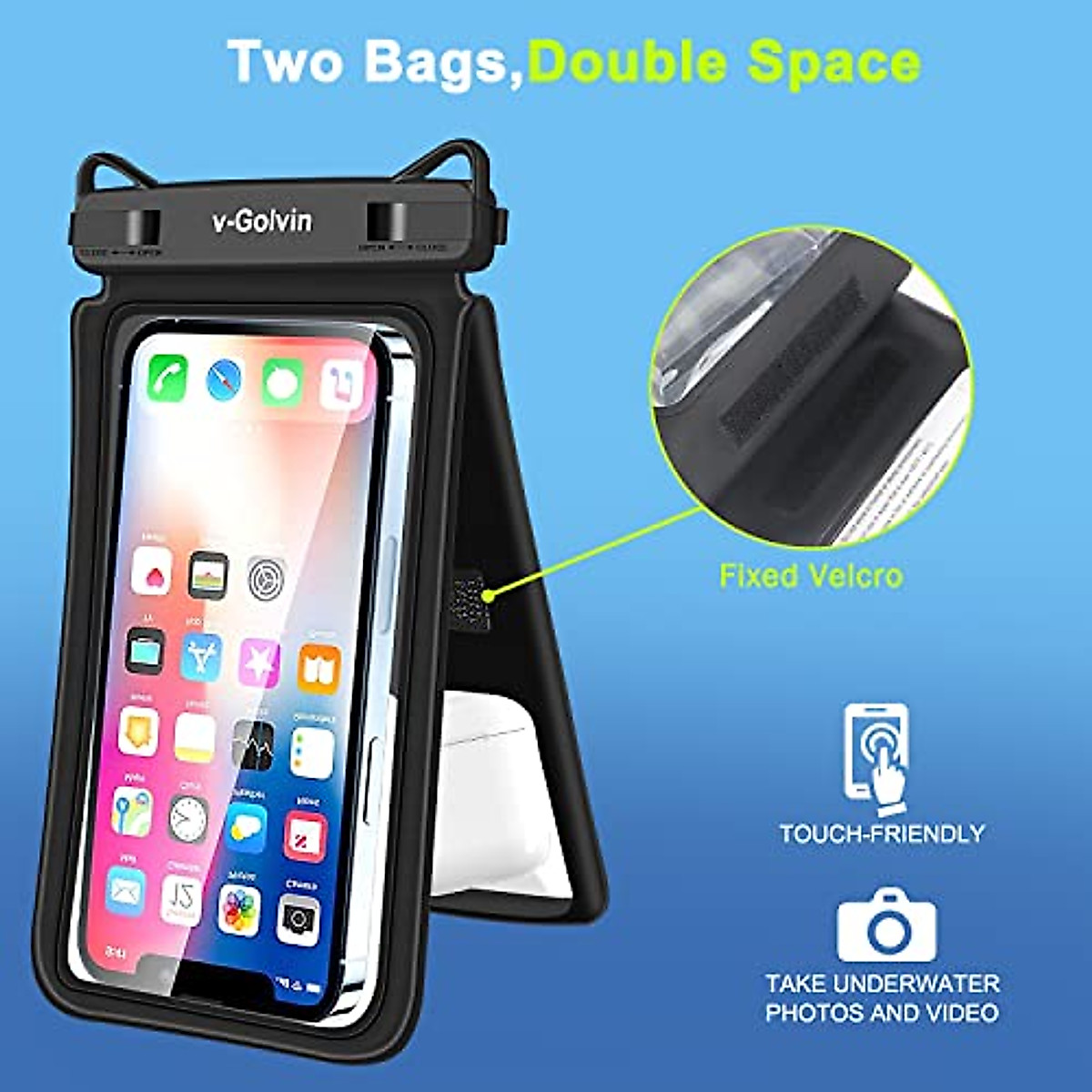 v-Golvin Waterproof Phone Pouch, 2 in 1 IPX8 Cellphone Dry Bag Waterproof Case for iPhone 14 13 12 11 Pro Max SE 2020 XS Max XR X 8 7 6s Plus S22 S10 S20 S21 Ultra Note 20/10 Up to 7 inches, Black