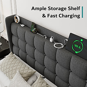 iPormis Queen Bed Frame with Charging & Storage, Upholstered Platform Bed with Button Tufted Wingback Headboard, Heavy-Duty Foundation, No Box Spring Needed, Dark Grey