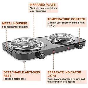 Countertop Burner, Electric Double Burners 2000 Watts, Hot Plate Cooktop with 5 Temperature Control, Non Slip Rubber Feet, Portable Coil Heating Stove Countertop RV Hotplate for Home or Dorm(Black 2)