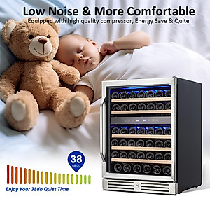 Upgraded 24 Inch Wine Cooler Refrigerator, 46 Bottle Dual Zone Wine Fridge, Built in or Freestanding Wine Cooler with Stainless Steel, Low Noise, Glass Door, Safety Lock, Temperature Memory Function