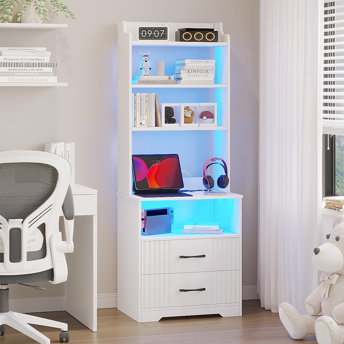 Vlsrka Tall Nightstand with Charging Station, 54" Smart Nightstand with LED Lights, Modern Night Stand with Bookshelf, Bedside Tables with Storage Cabinet for Bedroom, White